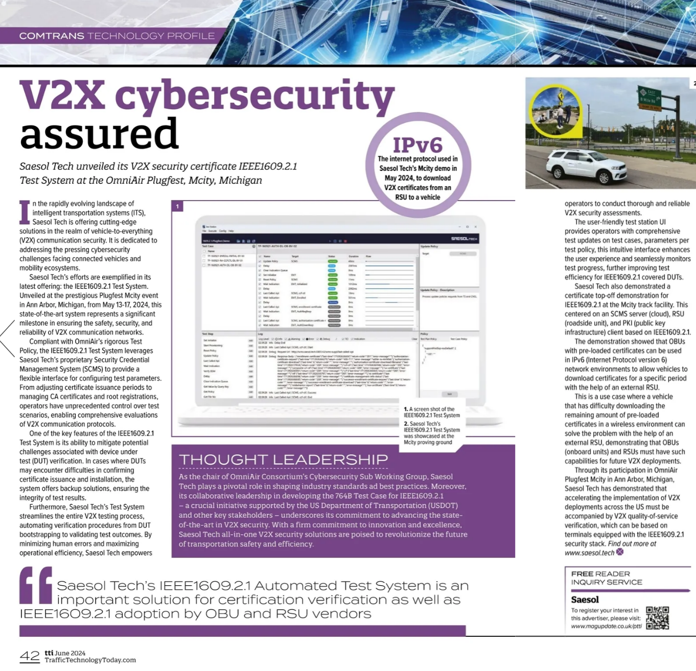 Saesol Tech unveiled its V2X security certificate IEEE1609.2.1 - 새솔테크